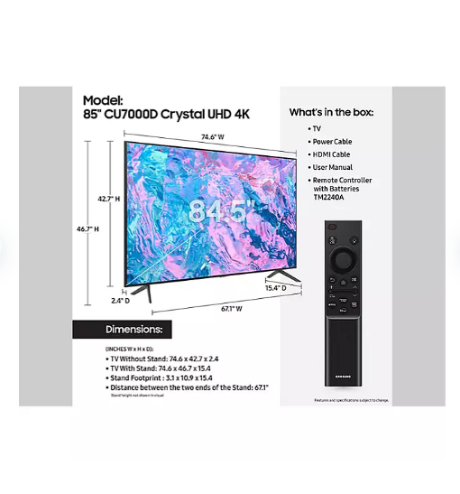 SAMSUNG 85" Class CU7000-Series Crystal UHD 4K Smart TV with HDR - UN8 ...