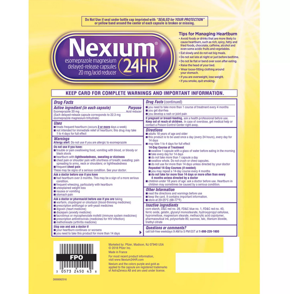 Nexium 24HR Delayed Release Heartburn Relief Capsules. Esomeprazole Ma ...