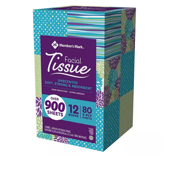 Member's Mark Ultra Soft Facial Tissues, 12 Cube Boxes, 80 3-Ply Tissu ...